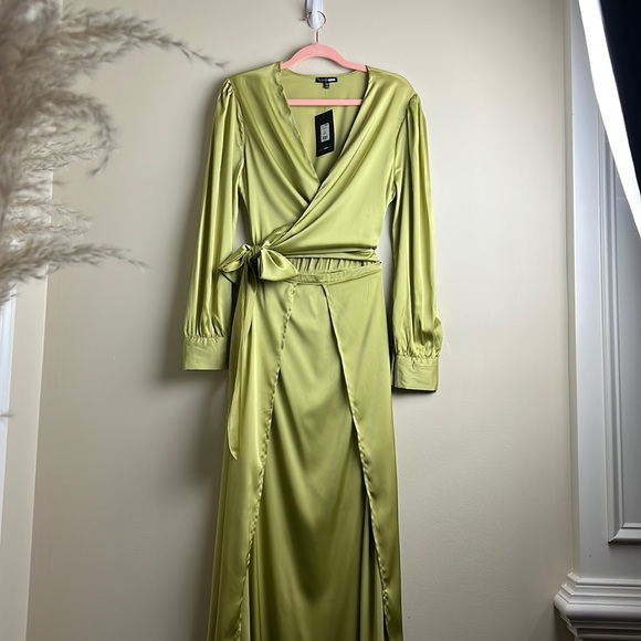 Fashion Nova | Dresses | Green Satin Double Split Long Dress | Poshmark